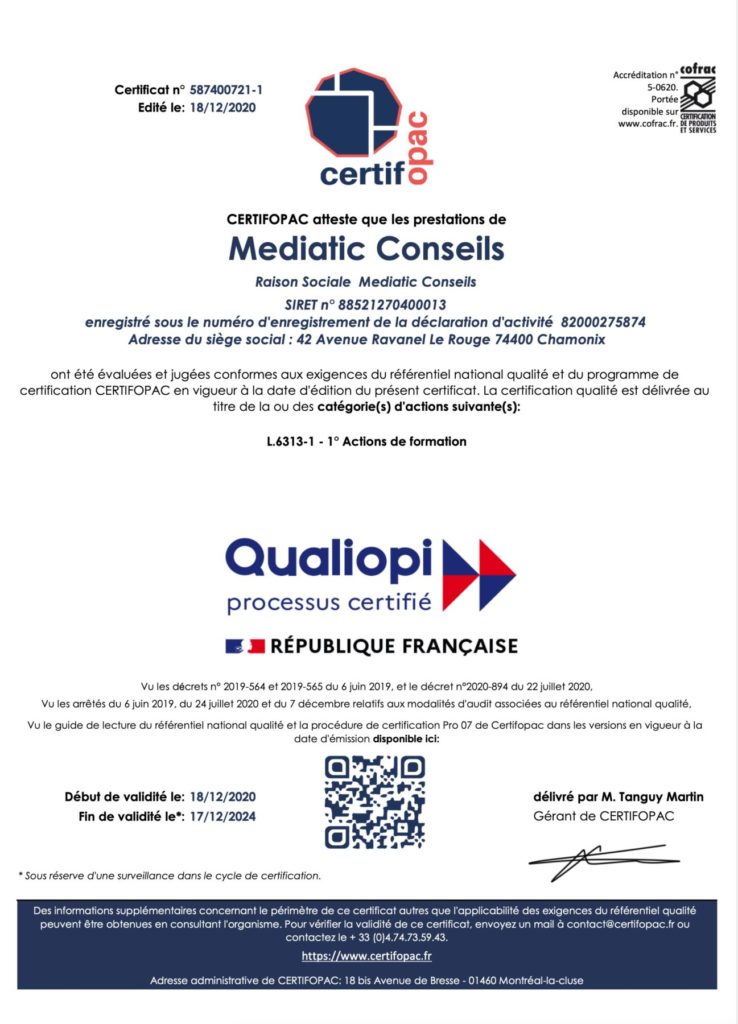 Mediatic Conseils a obtenu la certification Qualiopi - Actions de formation - Radiopub